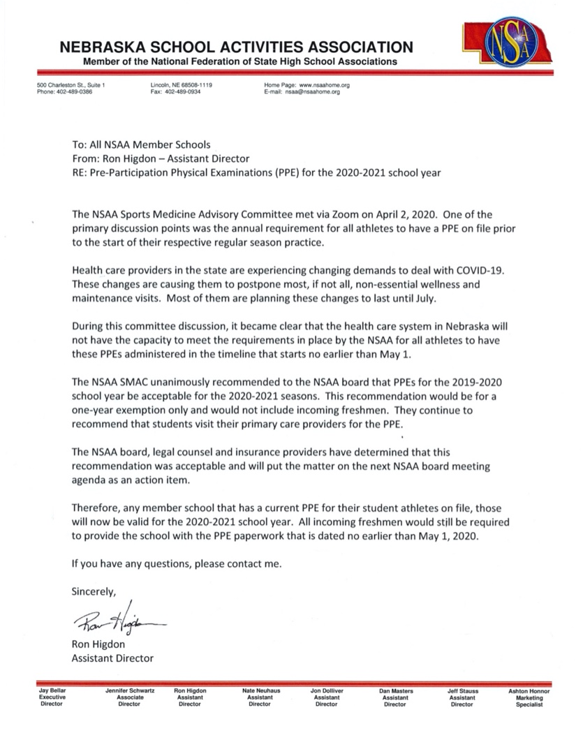 Wheeler Central Public Schools - 2020-2021 NSAA Physicals - Requirements