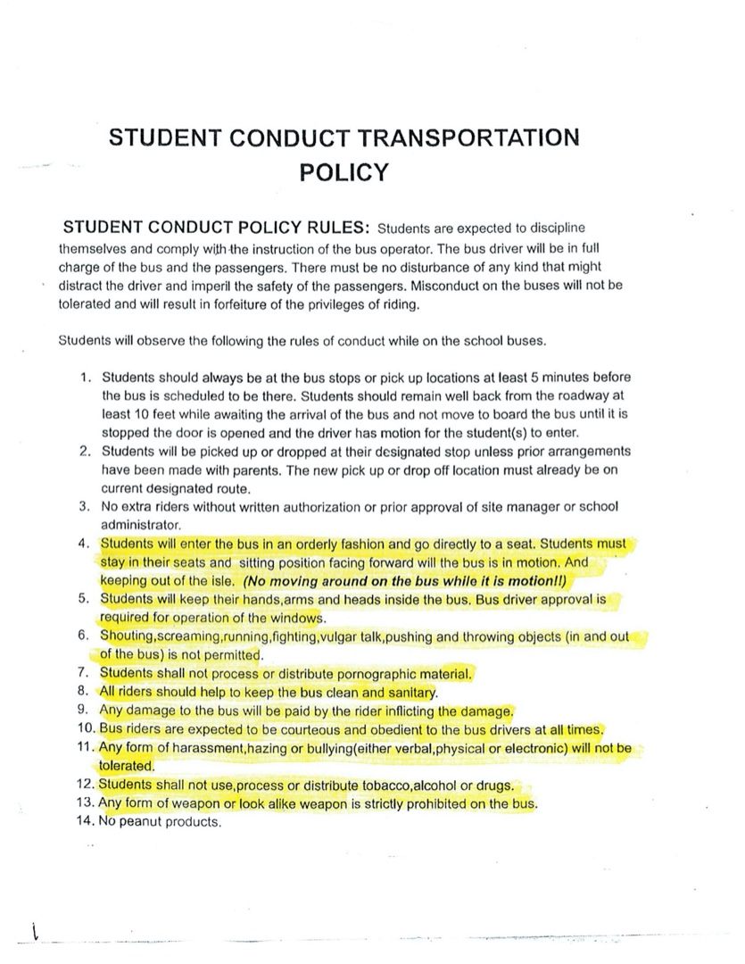 Wheeler Central Public Schools - Student Conduct Transportation Policy 2020