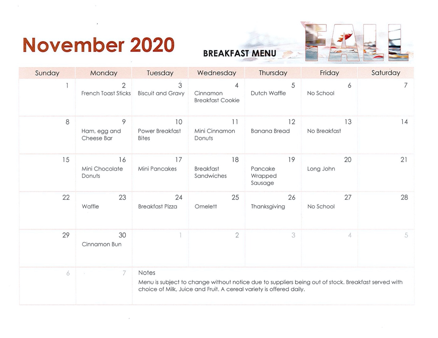 Wheeler Central Public Schools - November Menus